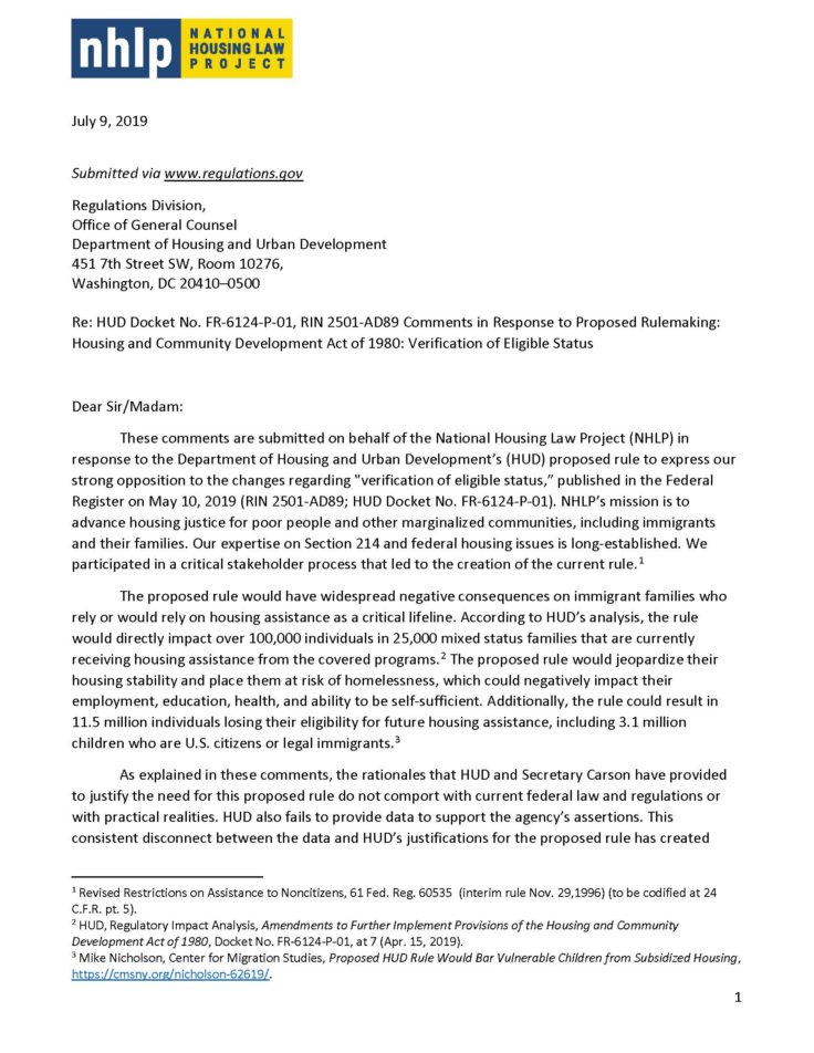 NHLP’s Comments Opposing HUD’s Mixed Status Rule | NHLP