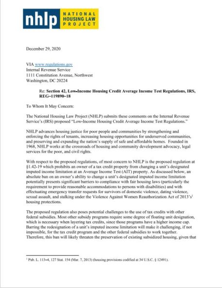 NHLP’s Comments on the IRS’s proposed changes to the LIHTC program’s ...
