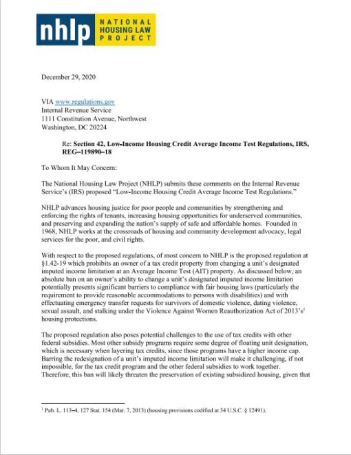 NHLP’s Comments on the IRS’s proposed changes to the LIHTC program’s ...